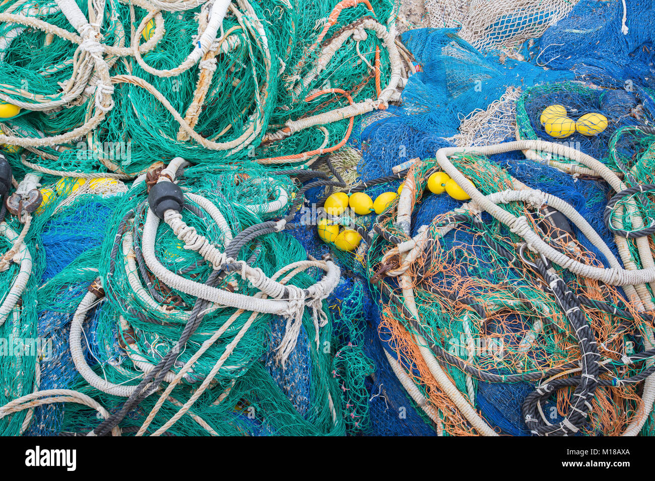 A big pile of nets, ropes and fishing accessories Stock Photo - Alamy
