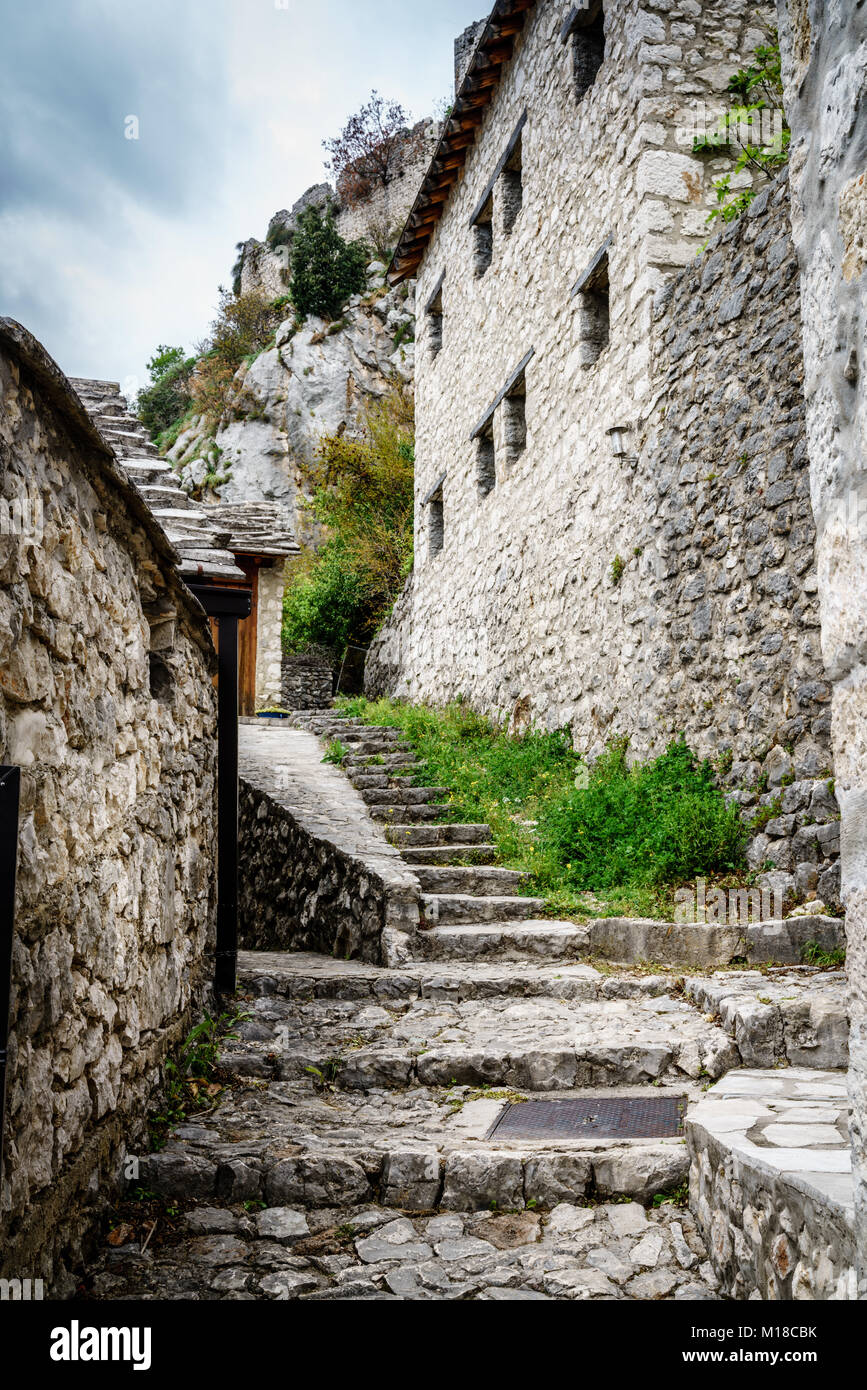Medieval cobblestone street in a small Bosnian town of Pocitelj Stock ...