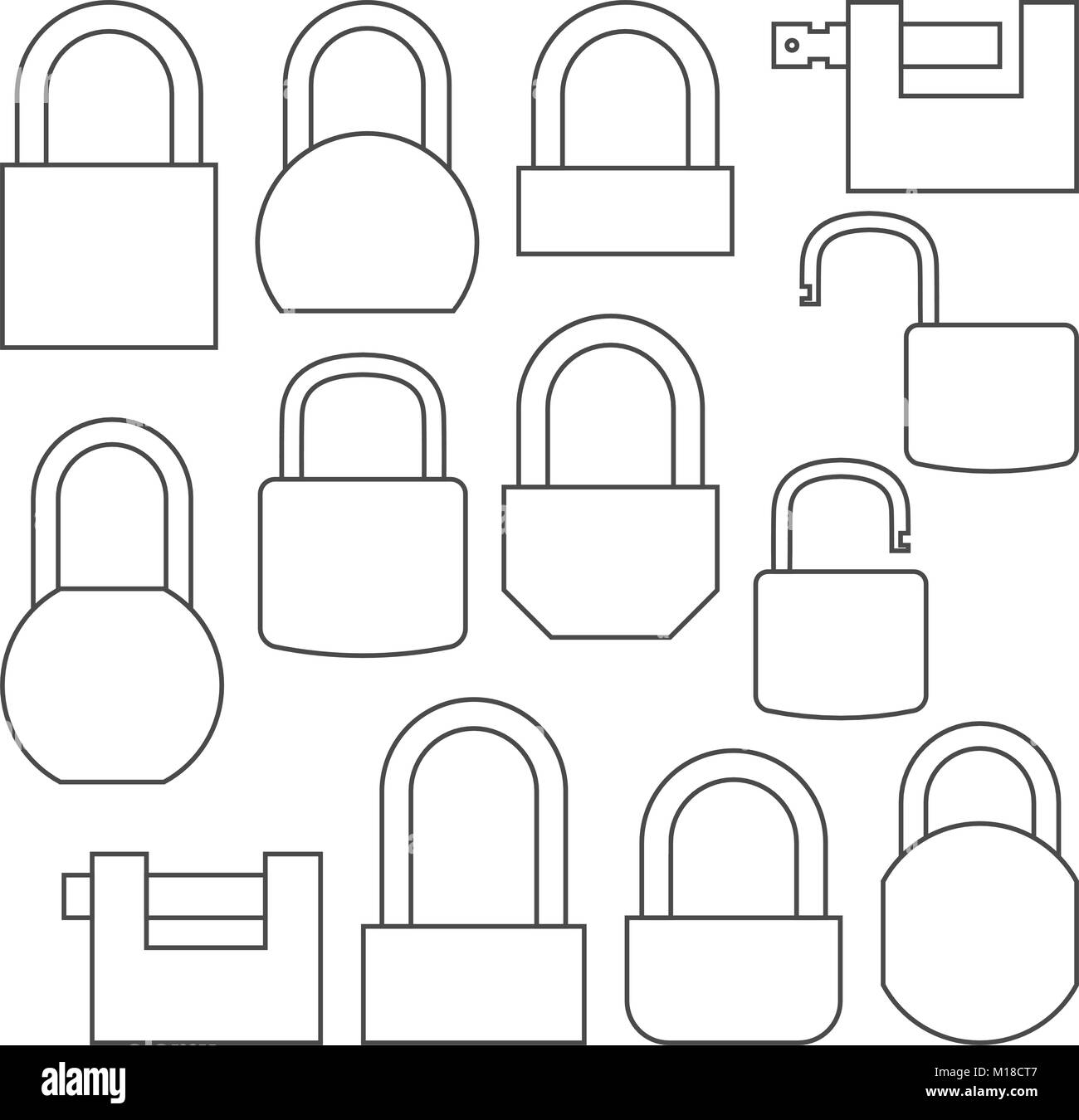 Icons locks of different shapes from thin lines, isolated on white ...