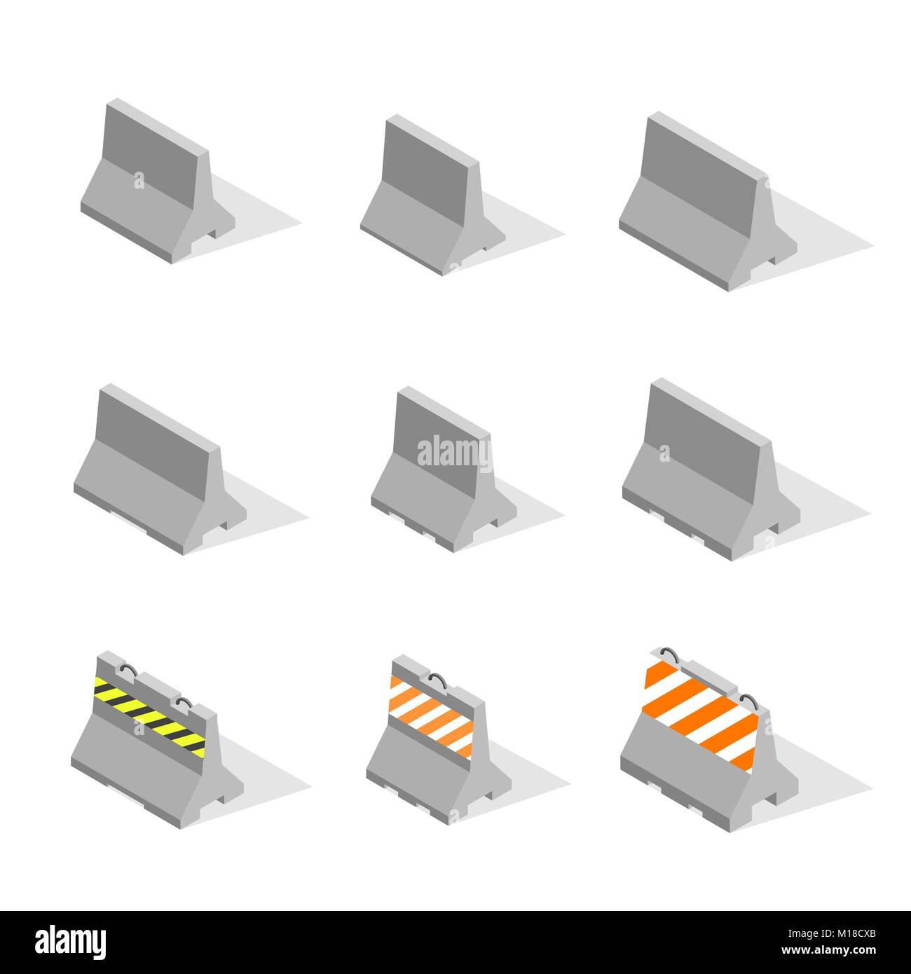Set of iron concrete road barriers with a markup, isolated on white ...