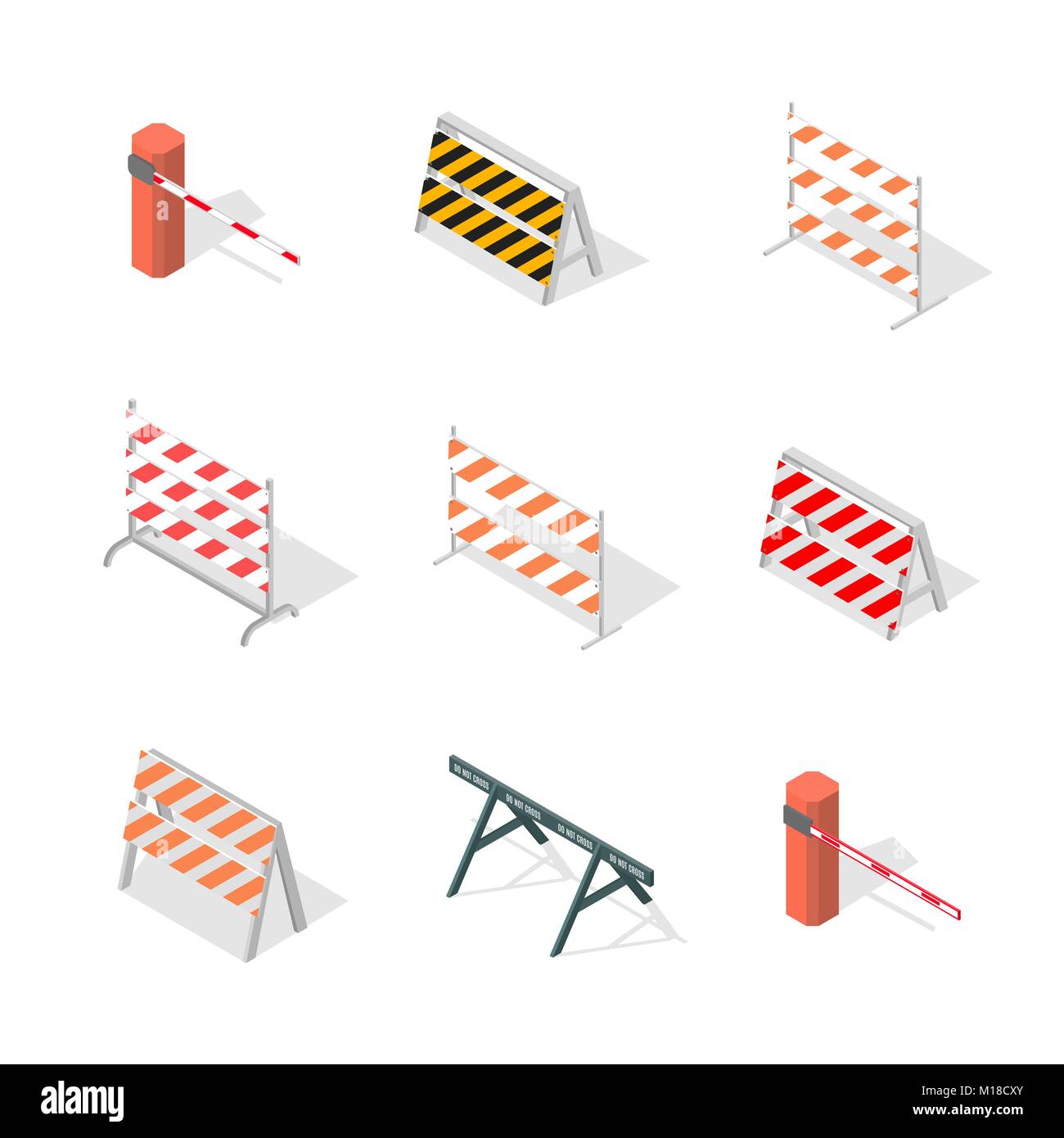 Set of different road traffic barriers, isolated on a white background ...