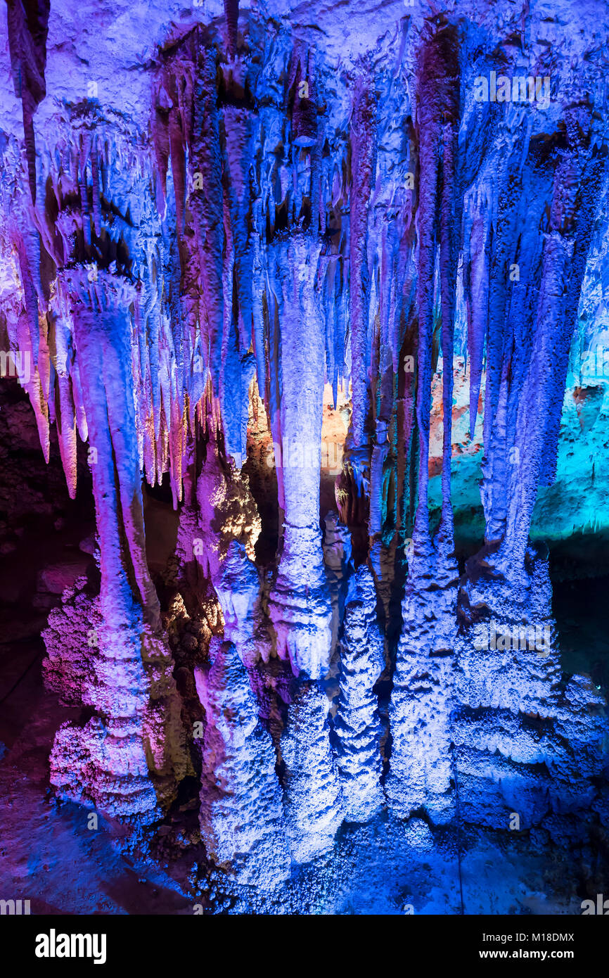 Venetsa Cave in Bulgaria. Beautiful colorful and illuminated cave full ...