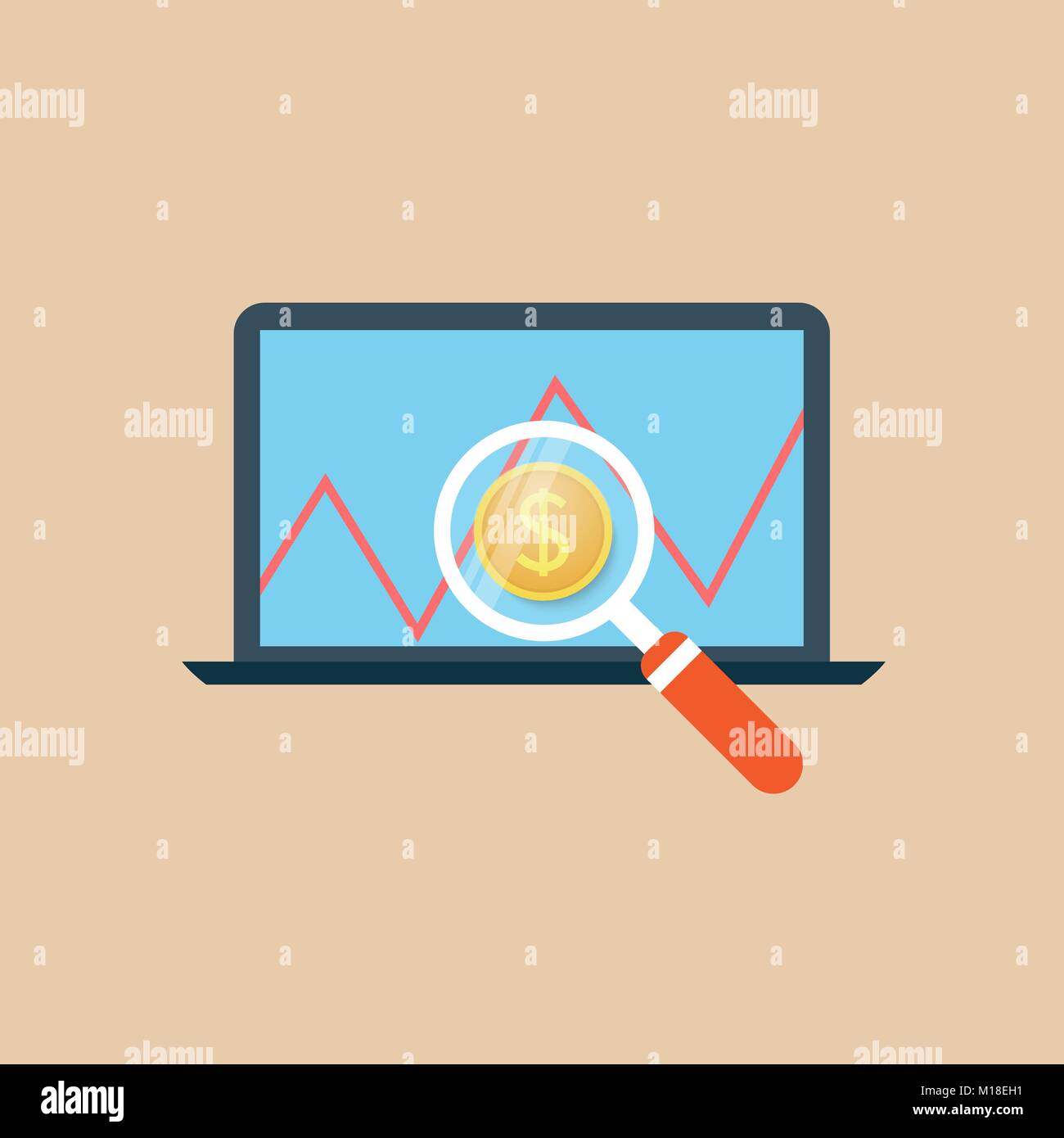 Magnifying glass on the graph of the growth of the profit of money ...