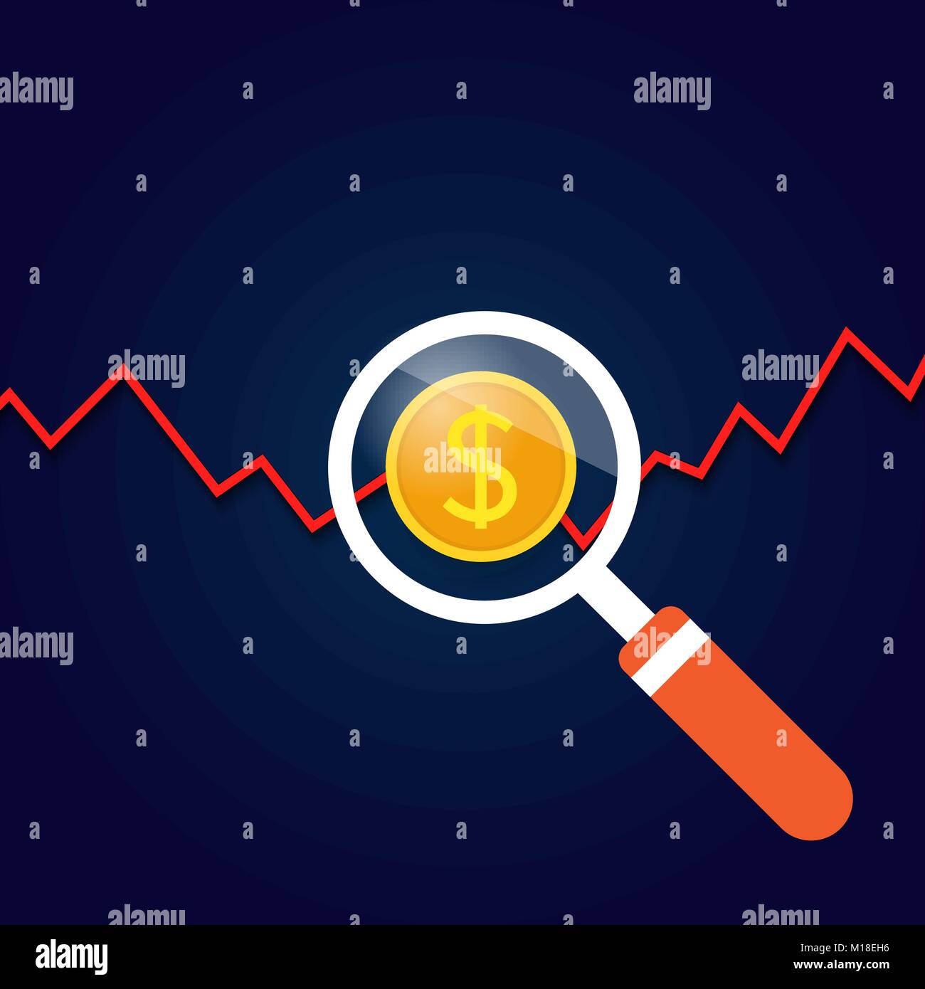 Magnifying glass above the graph of profit growth. Vector illustration ...
