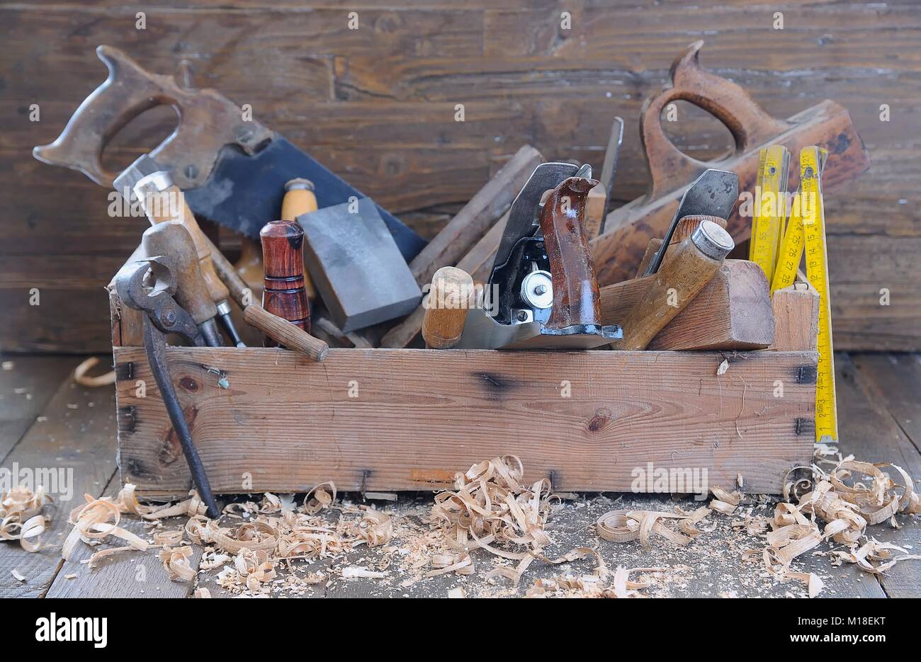Old toolbox on the workbench in a carpentry Stock Photo - Alamy