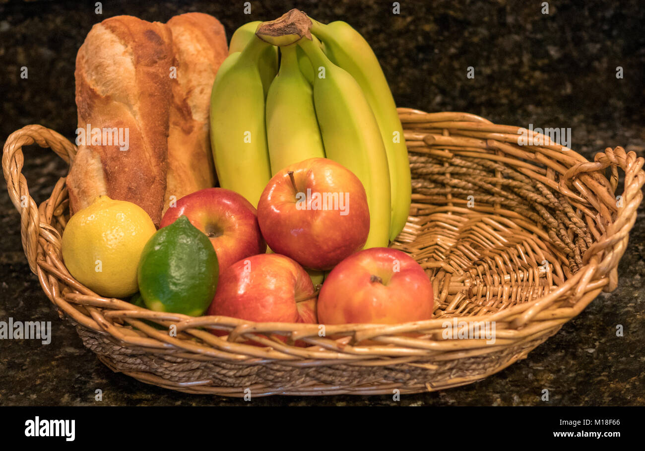 Basket of fruit and bread Stock Photo - Alamy
