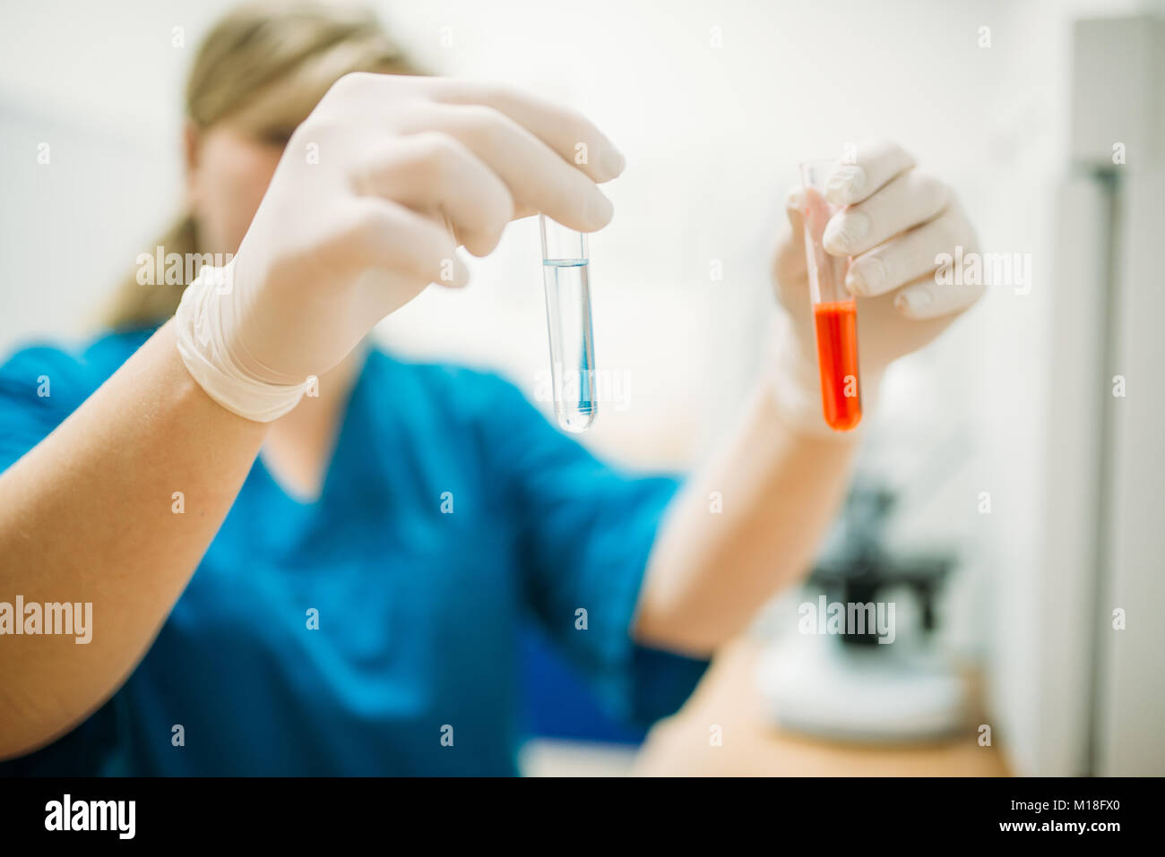 Veterinarian looks at the samples of animal tests in veterinary clinic ...