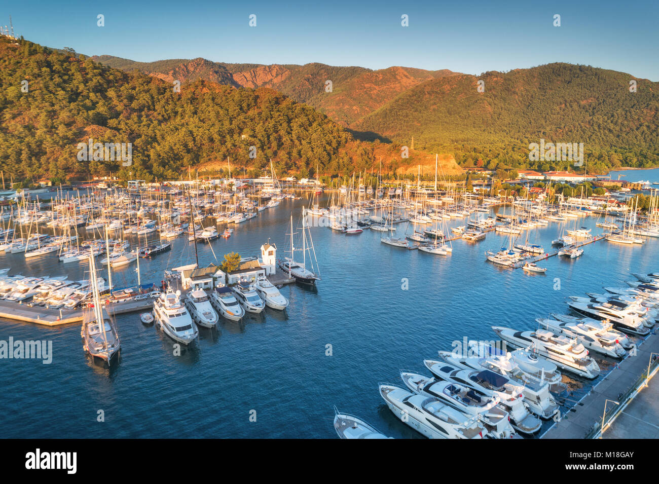 Aerial view of boats and yachts at sunset in Turkey. Colorful landscape ...