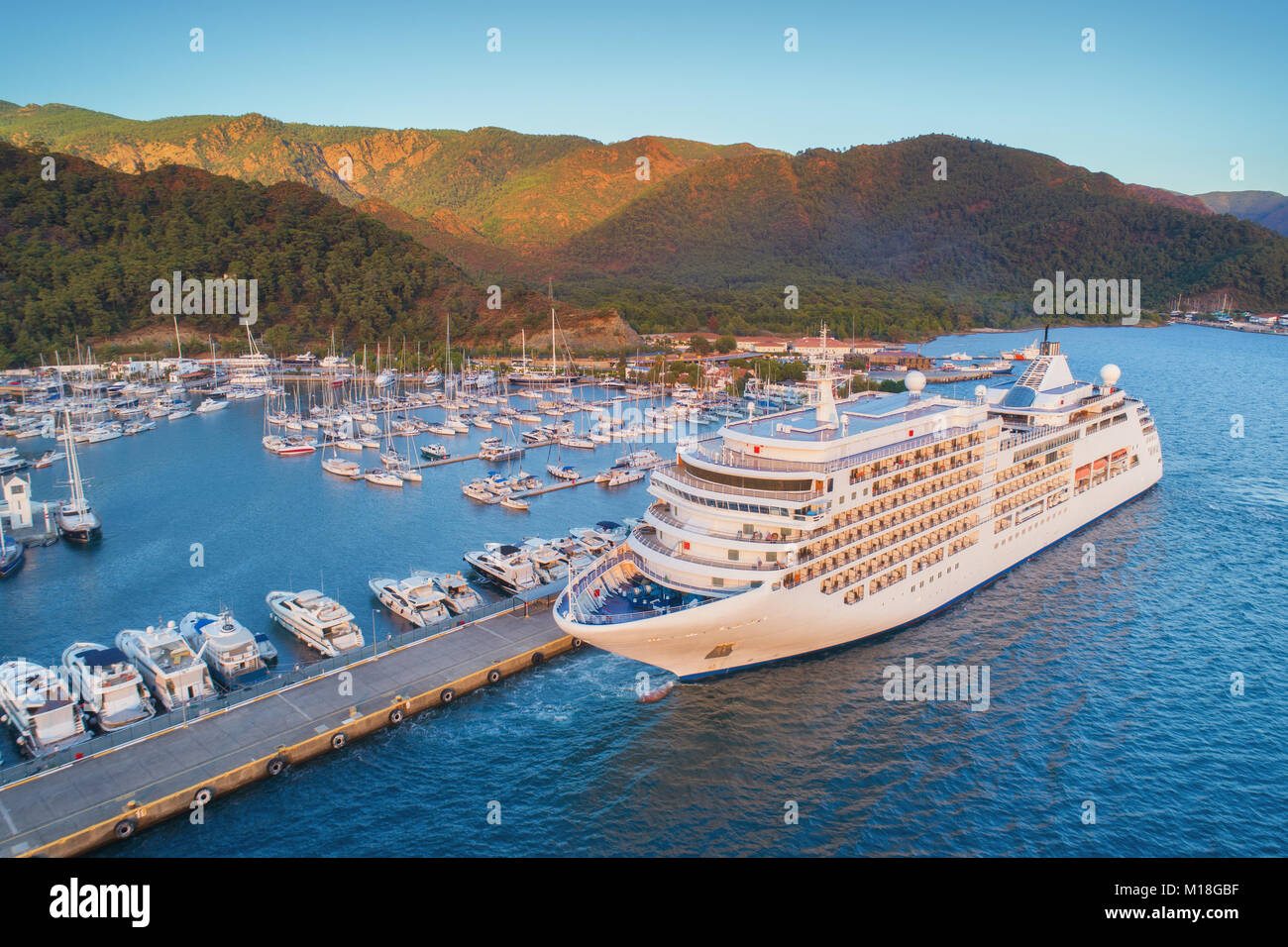 Cruise ship at harbor. Aerial view of beautiful large white ship at ...