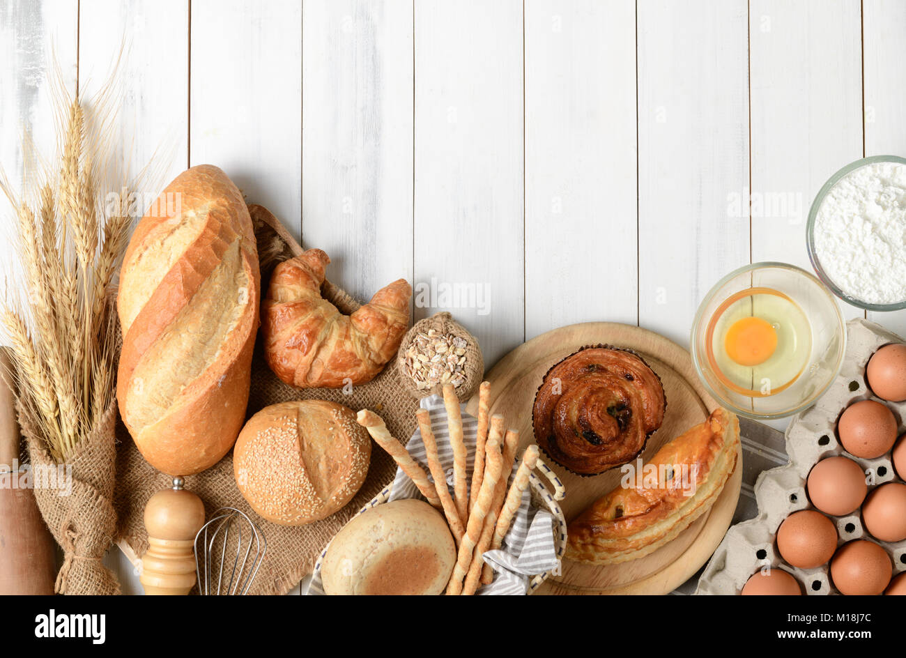Homemade bread or bakery with fresh egg, flour and bakery equipment on ...