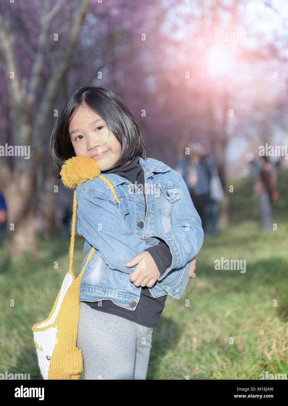 Happy traveler girl smile on cherry blossom background, Unseen Thailand ...