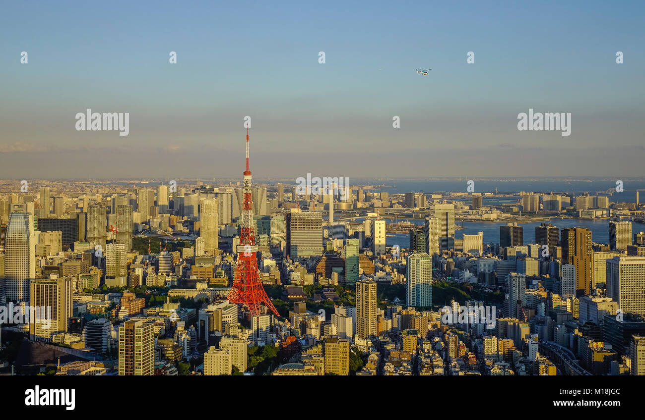 Tokyo, Japan - Sep 29, 2017. Aerial view of Tokyo Bay at sunset. Tokyo ...