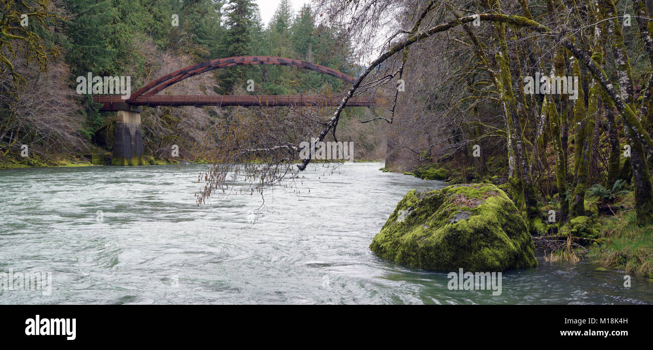 A rustic arch bridge provides a way to walk across the Umpqua RIver in ...