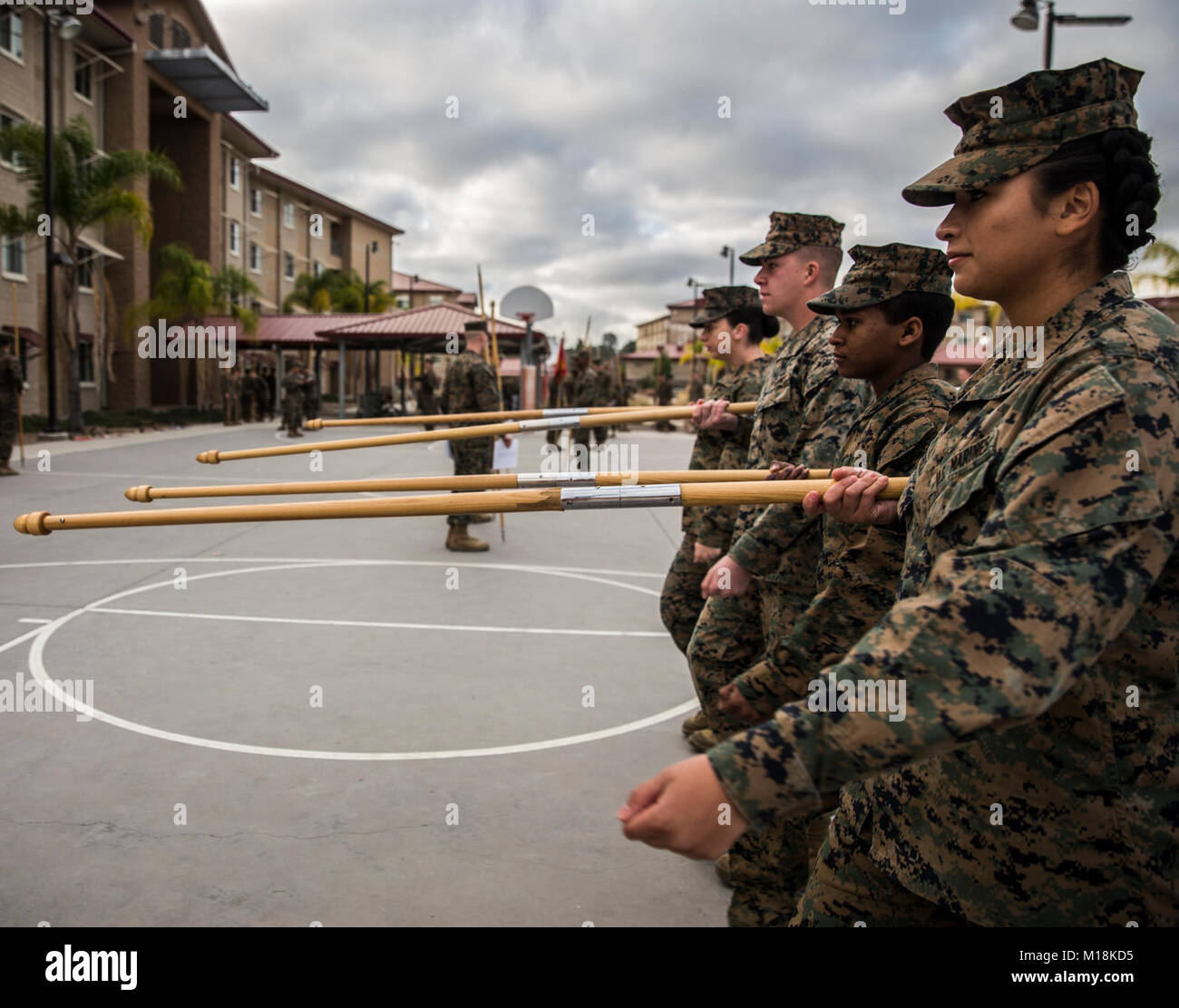 U.S. Marines with 1st Marine Logistics Group practice several guidon ...
