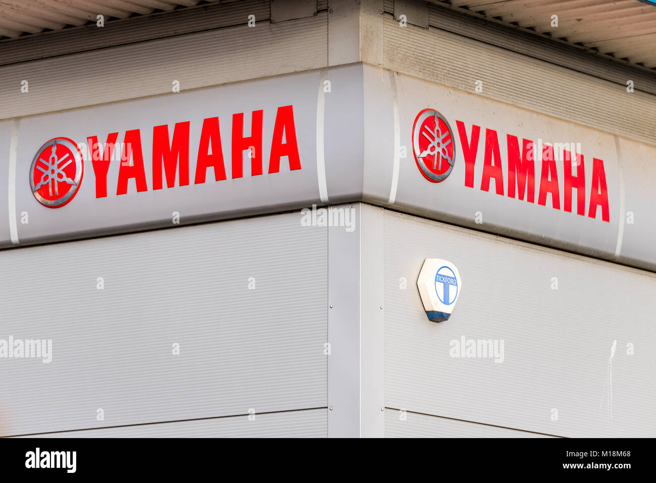 Northampton UK January 05, 2018: Yamaha logo sign on warehouse wall ...