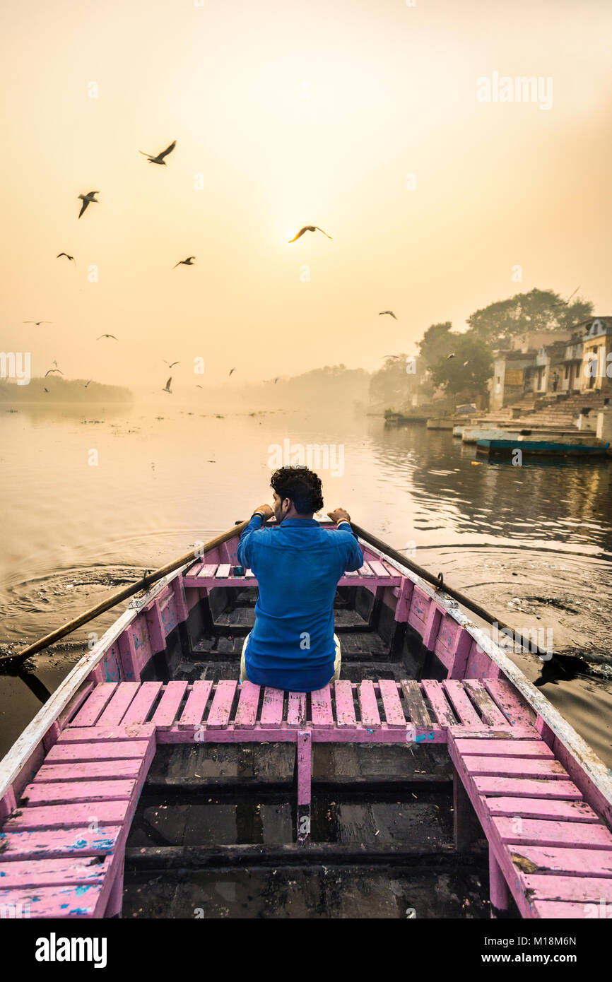 Sunrise at the ghats of Yamuna river with little boat ride to feed the ...
