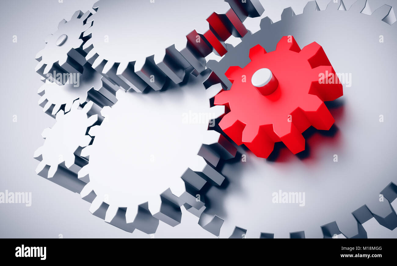 Gears with one little red wheel Stock Photo - Alamy