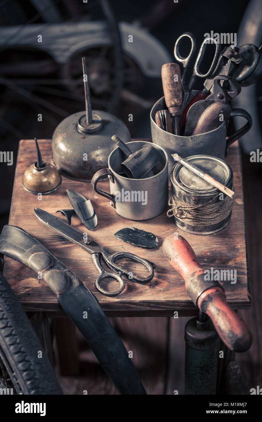 Bike fix service with pump, rubber patch and glue Stock Photo - Alamy