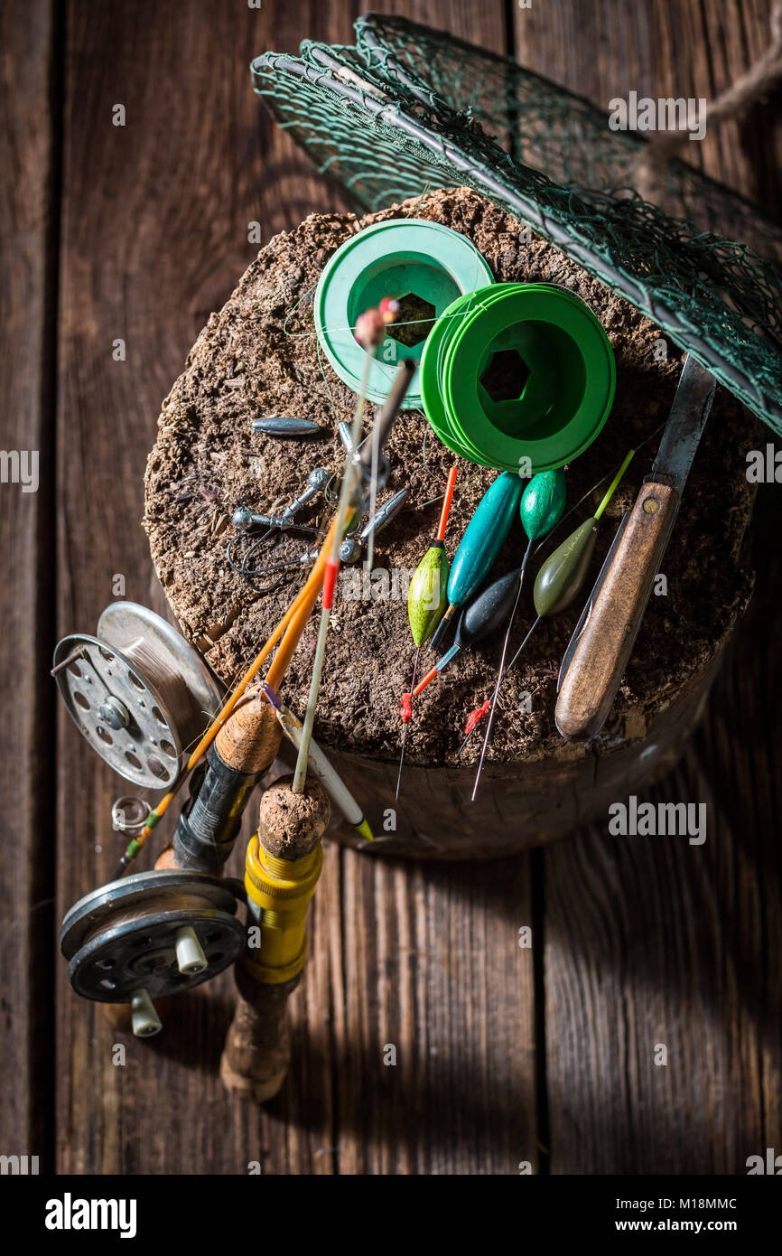 Handmade angler equipment with flies, floats and rods Stock Photo - Alamy