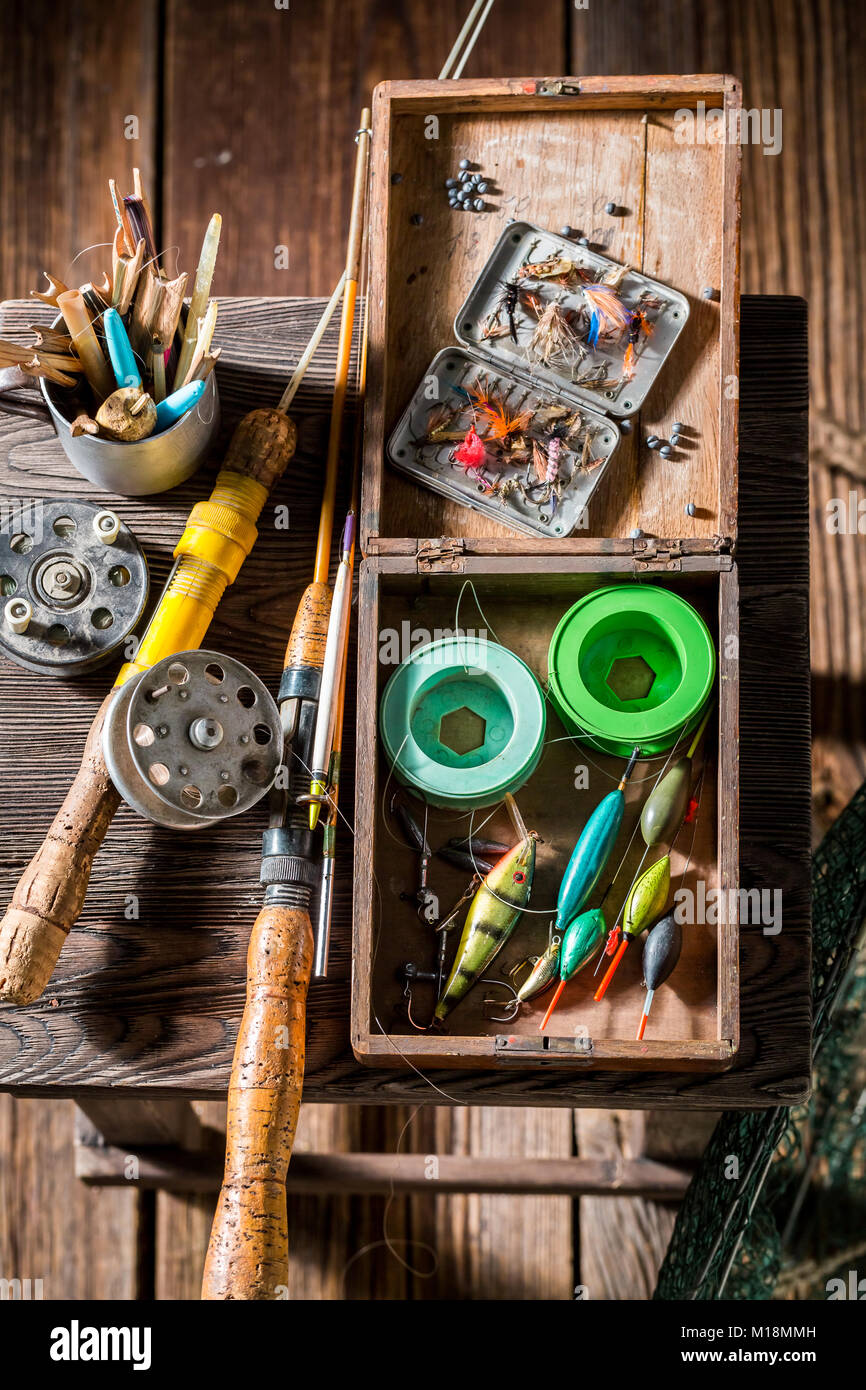 Handmade equipment for fishing with floats, hooks and rods Stock Photo ...