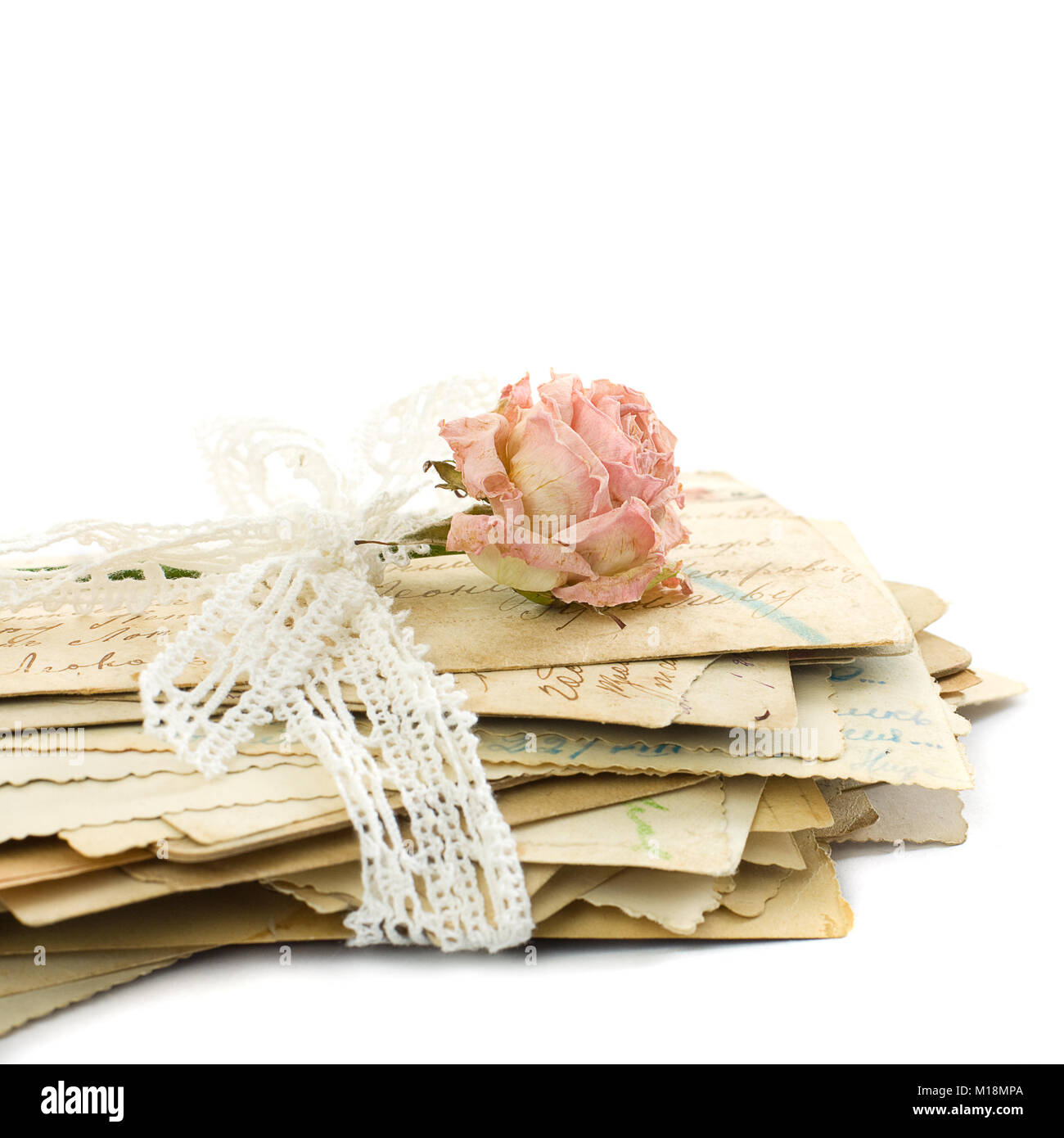 Stack of old love letters (1890-1910), lace and rose flower Stock Photo ...