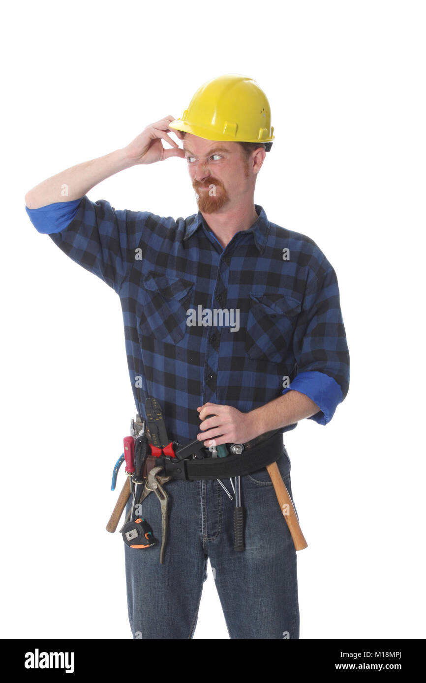 construction worker thinking with helmet on white background Stock ...