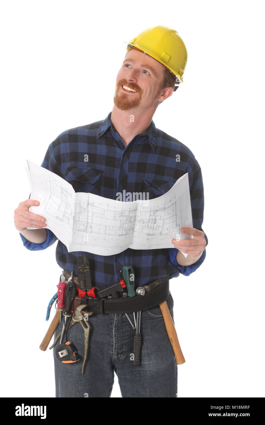 construction worker with architectural plans on white background Stock ...