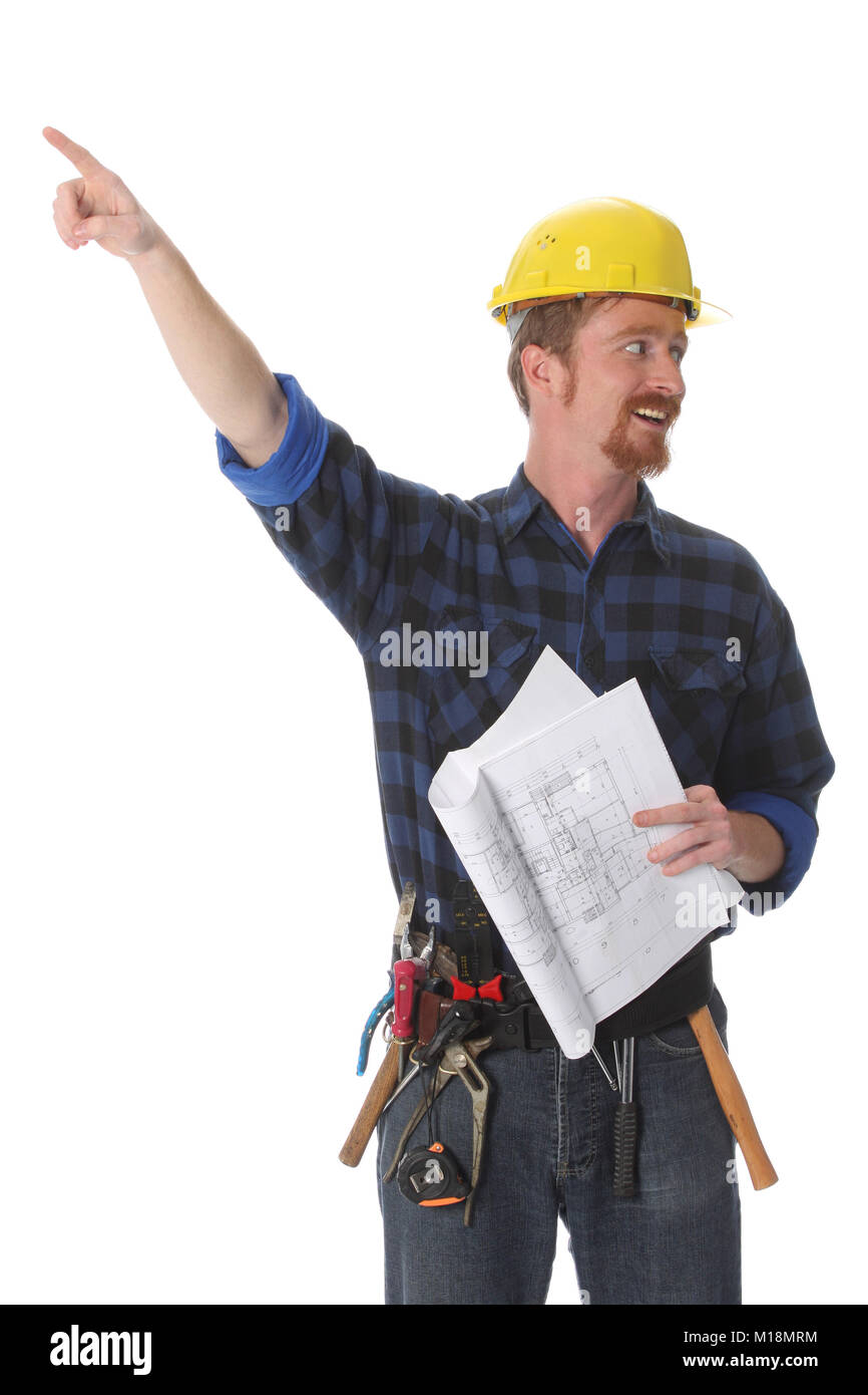 construction worker pointing on architectural plans on white background ...