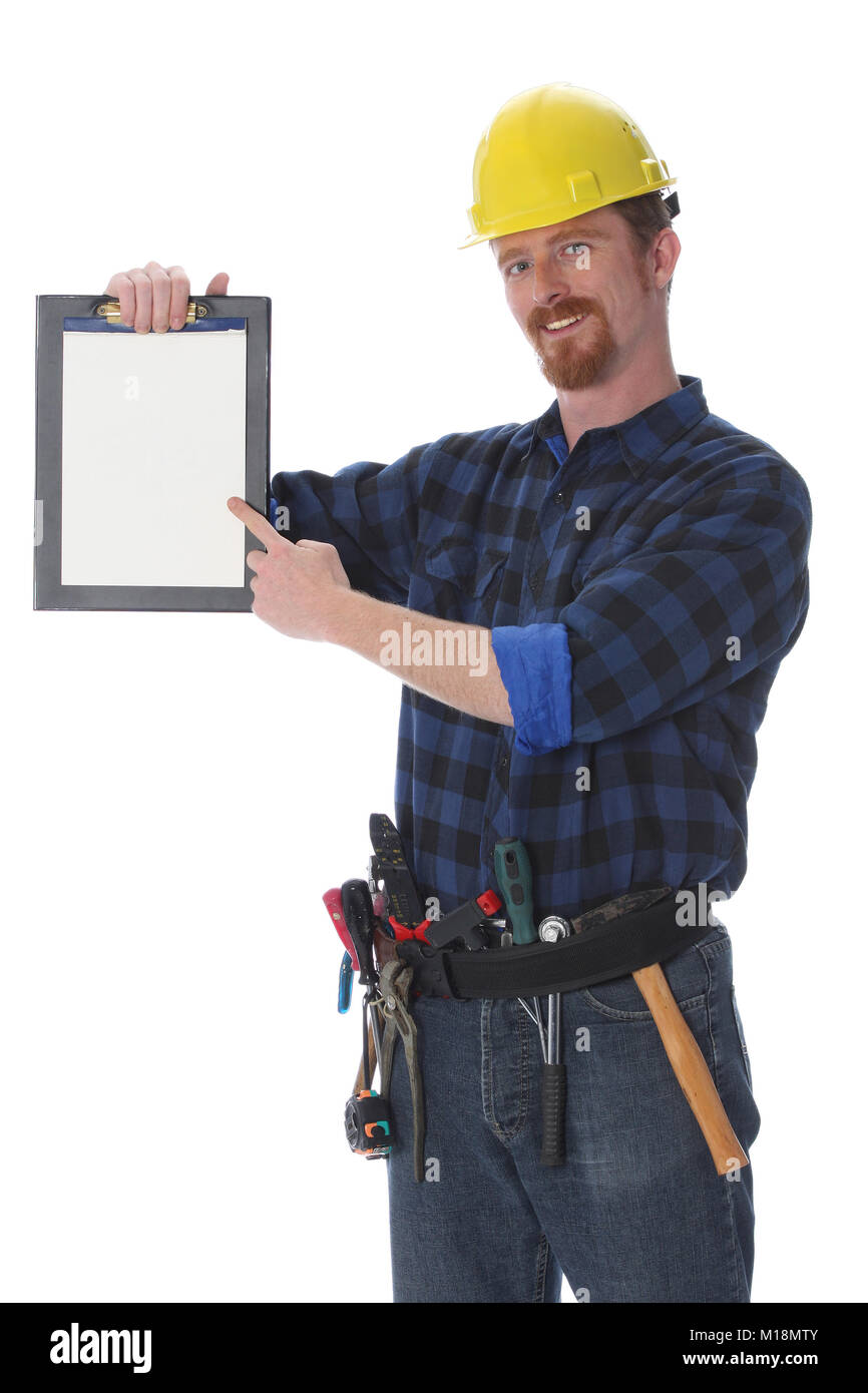 construction worker with documents on white background Stock Photo - Alamy
