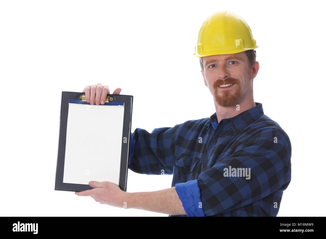 construction worker with documents on white background Stock Photo - Alamy