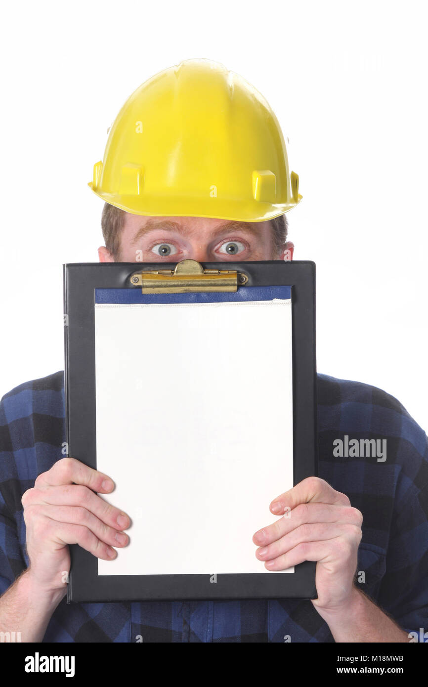 construction worker with documents on white background Stock Photo - Alamy