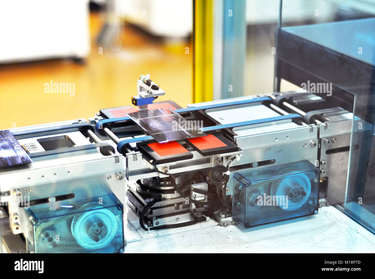production of solar cells - conveyor belt in production with wafer ...