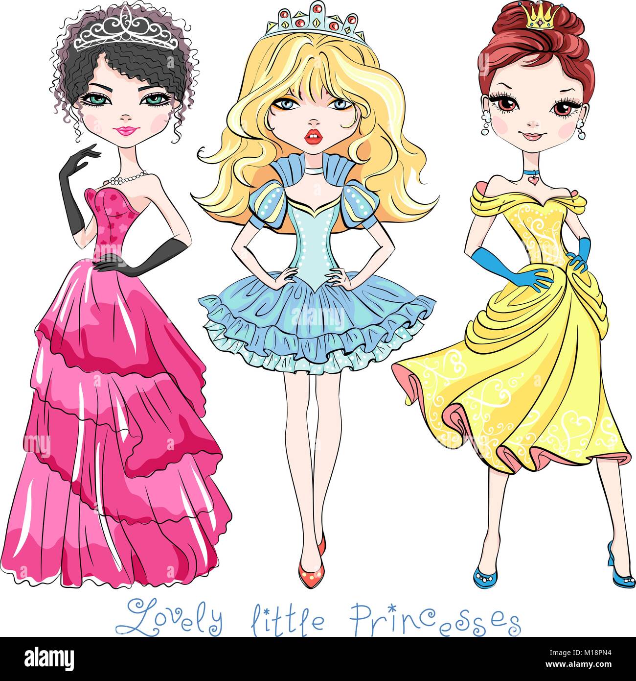 Set Of Beautiful Fashion Girls Princesses In The Crowns And In A