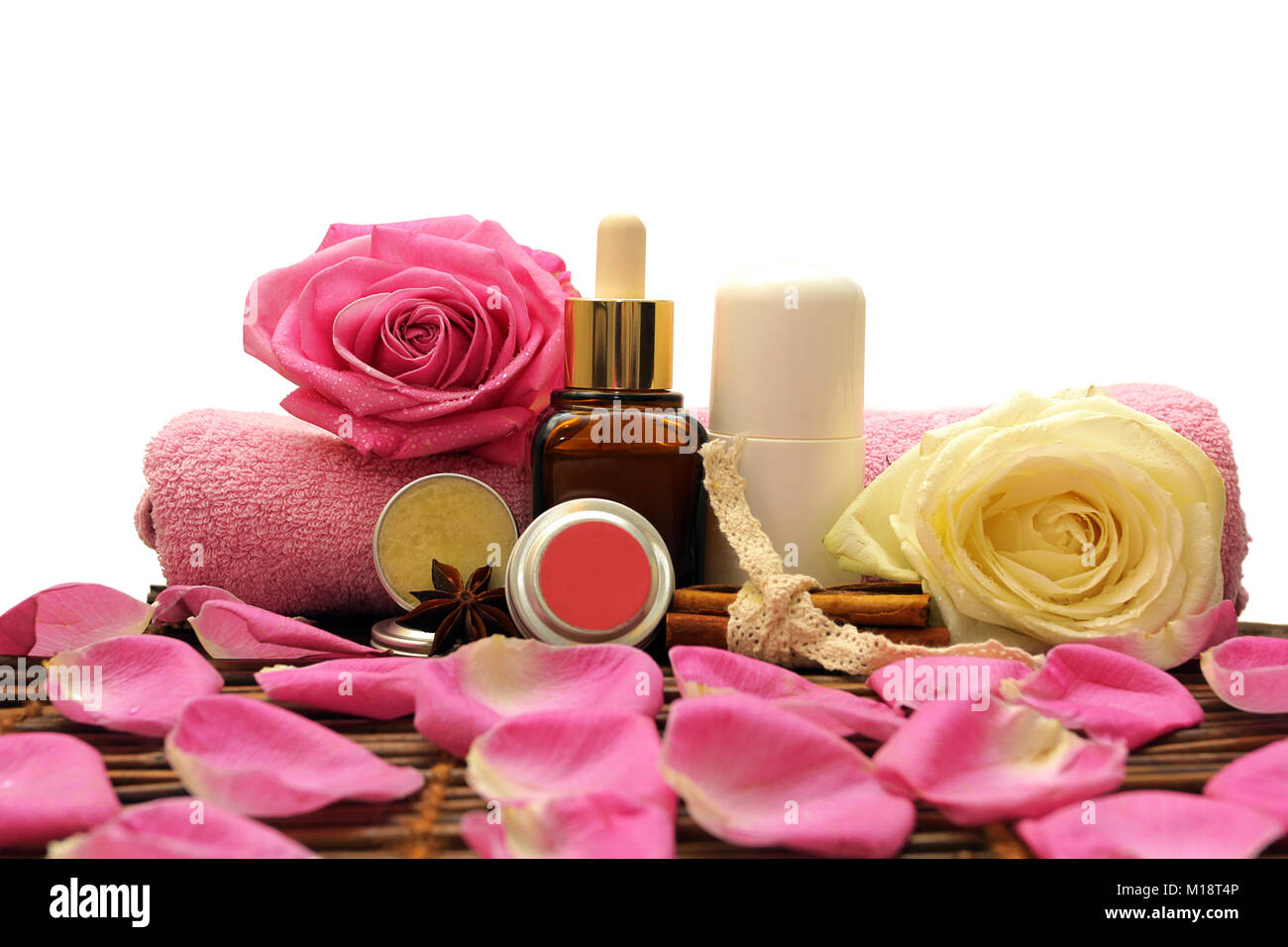 Spa cosmetics with pink and yellow roses Stock Photo - Alamy