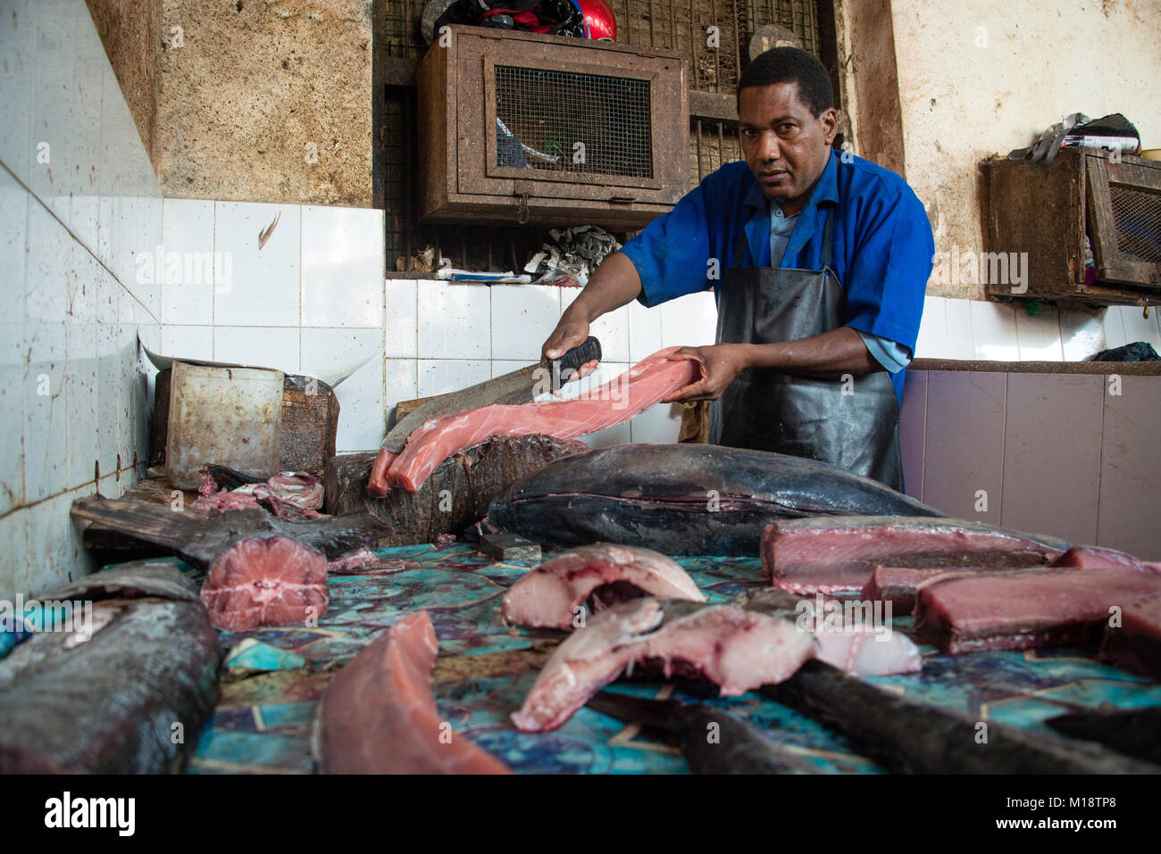 STONE TOWN, ZANZIBAR - DEC 31, 2017: Sellers prepare fresh fish and ...