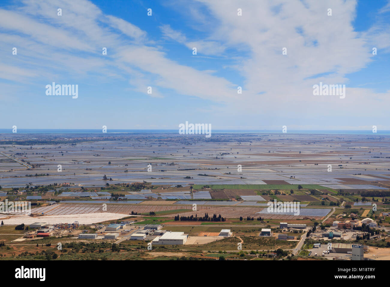 Ebro river and delta, with flooded rice fields in Terres de l'Ebre in ...