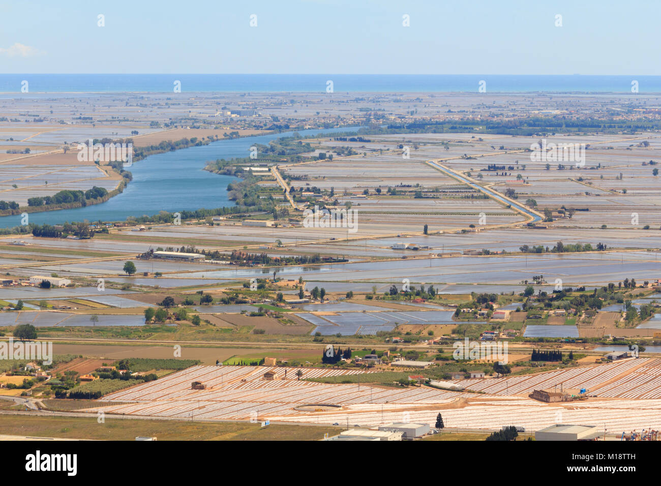 Ebro river and delta, with flooded rice fields in Terres de l'Ebre in ...
