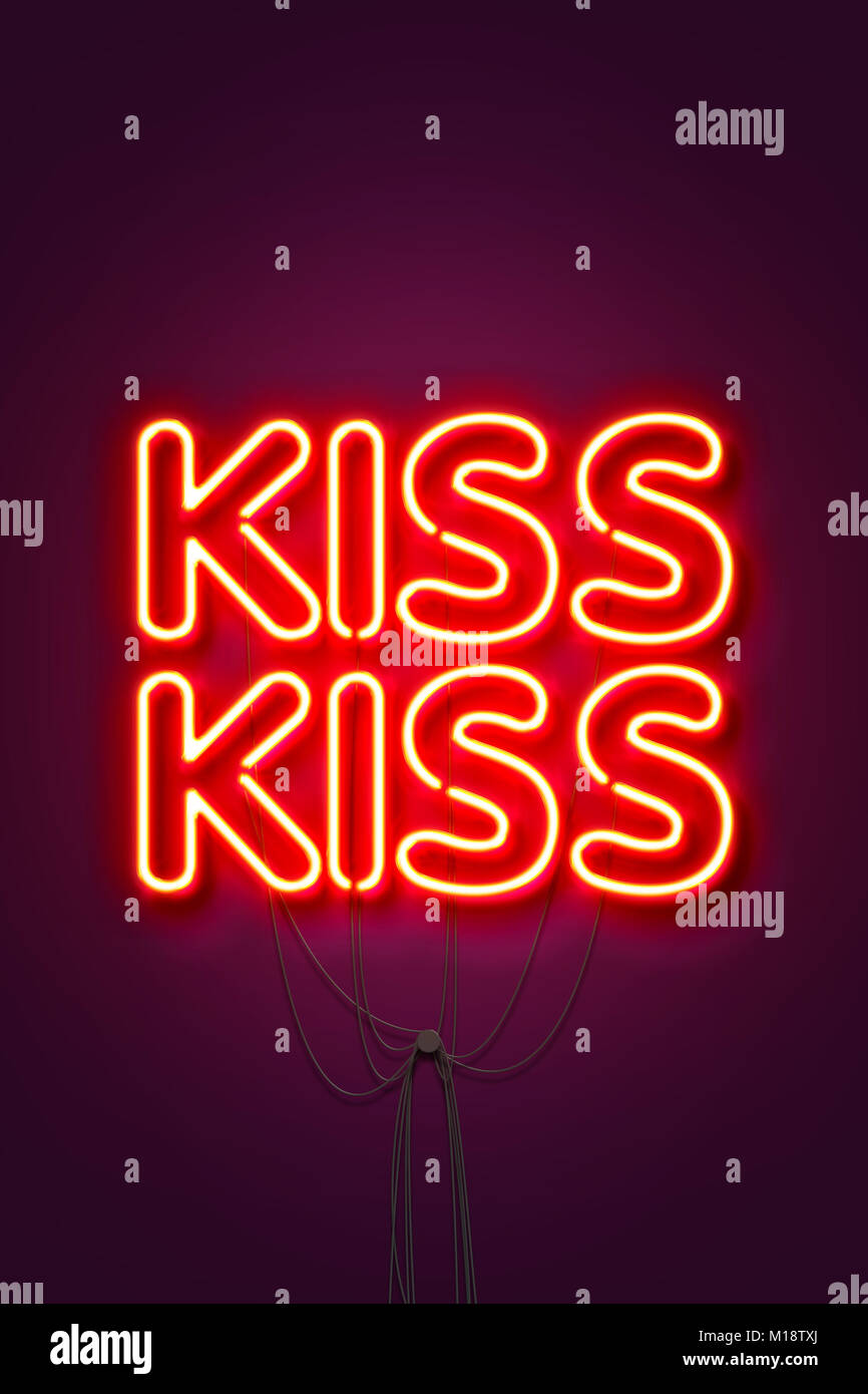 Kiss kiss - Neon sign a purple background. Valentines background. 3D ...