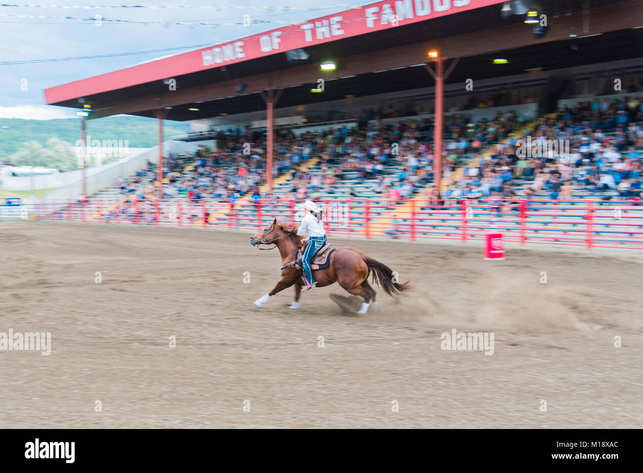 Horse and rider compete in the barrel racing competition at the 90th ...