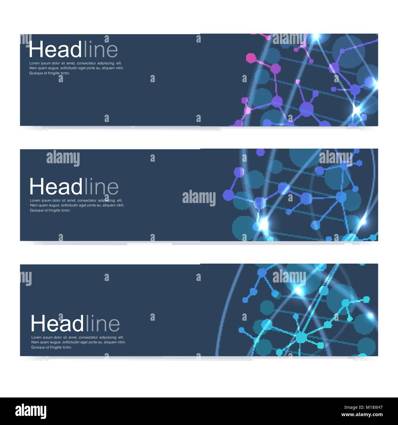 Scientific set of modern vector banners. DNA molecule structure with ...