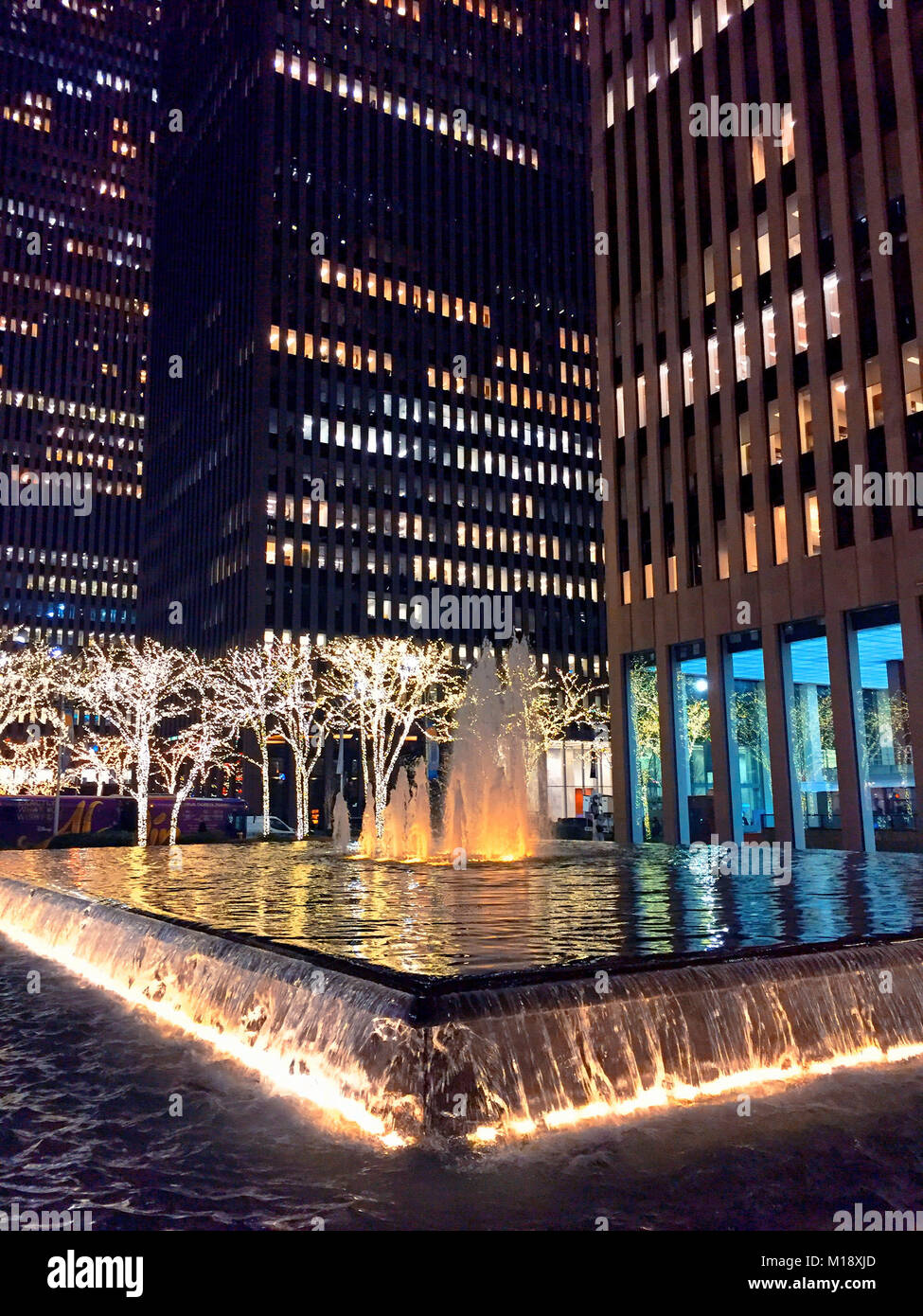 Reflecting Pool and Fountain at Night, Rockefeller Center, NYC Stock ...
