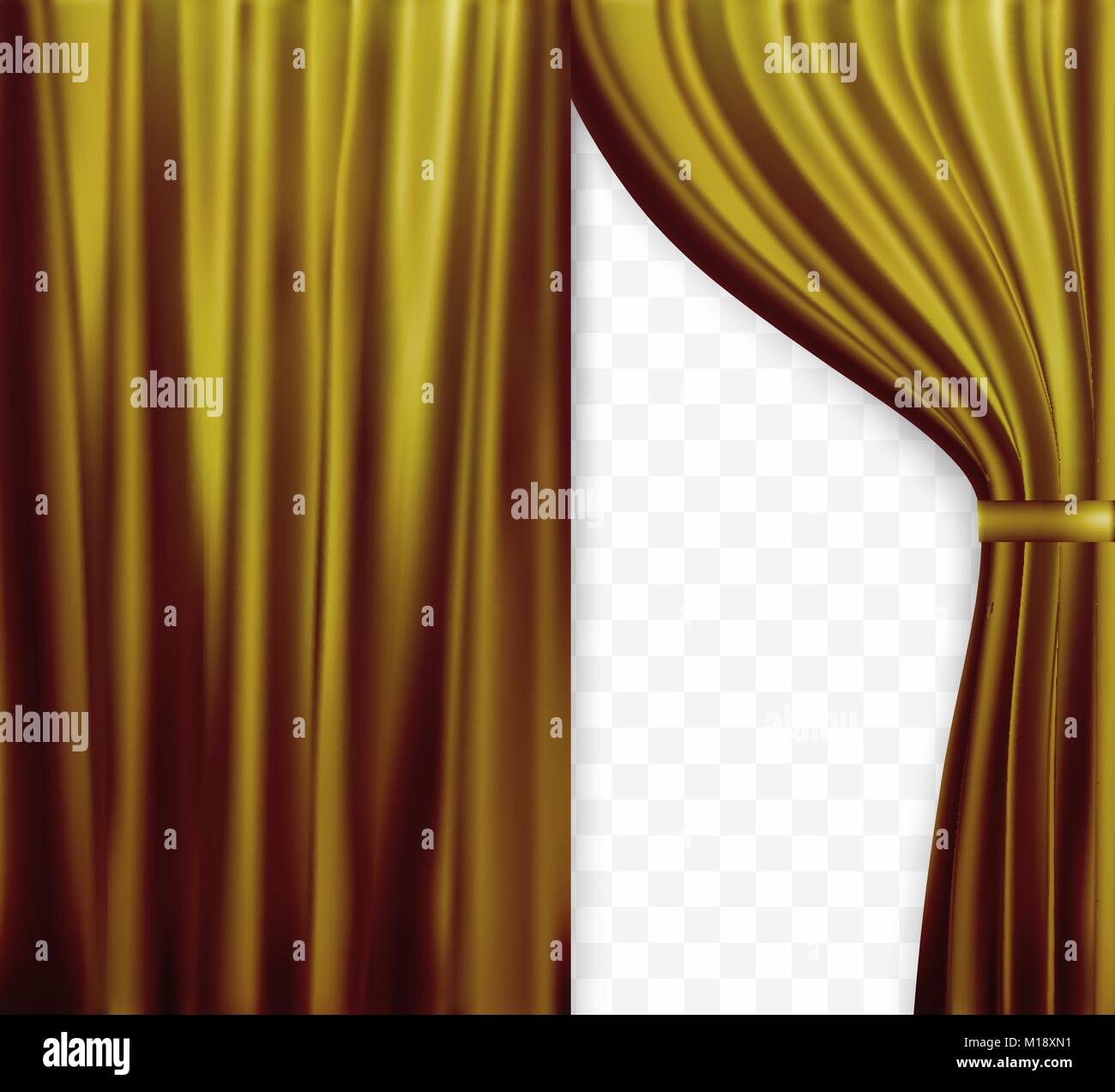 Naturalistic image of Curtain, open curtains Gold color on transparent ...