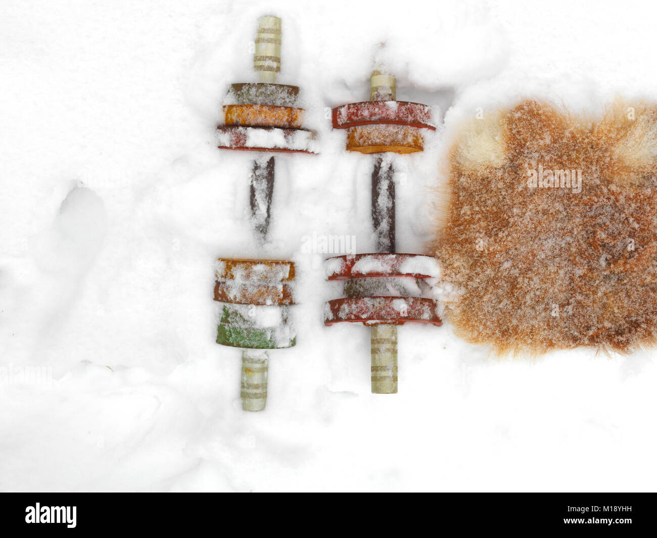 The dumbbells and fur covered with snow, overhead daytime shot Stock ...