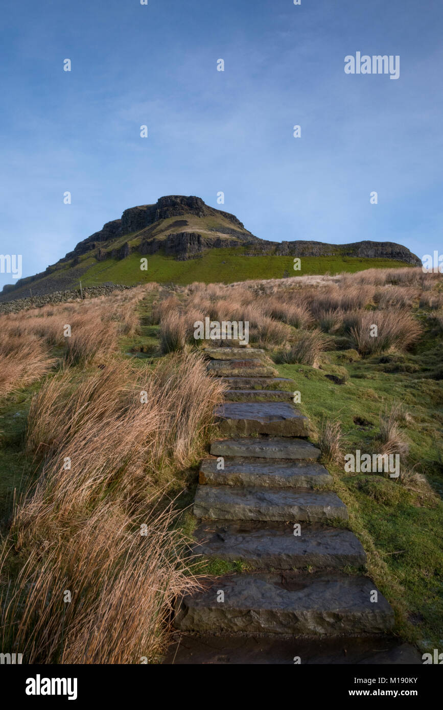 Icy steps on the path leading up towards the summit of Pen-y-Ghent in ...