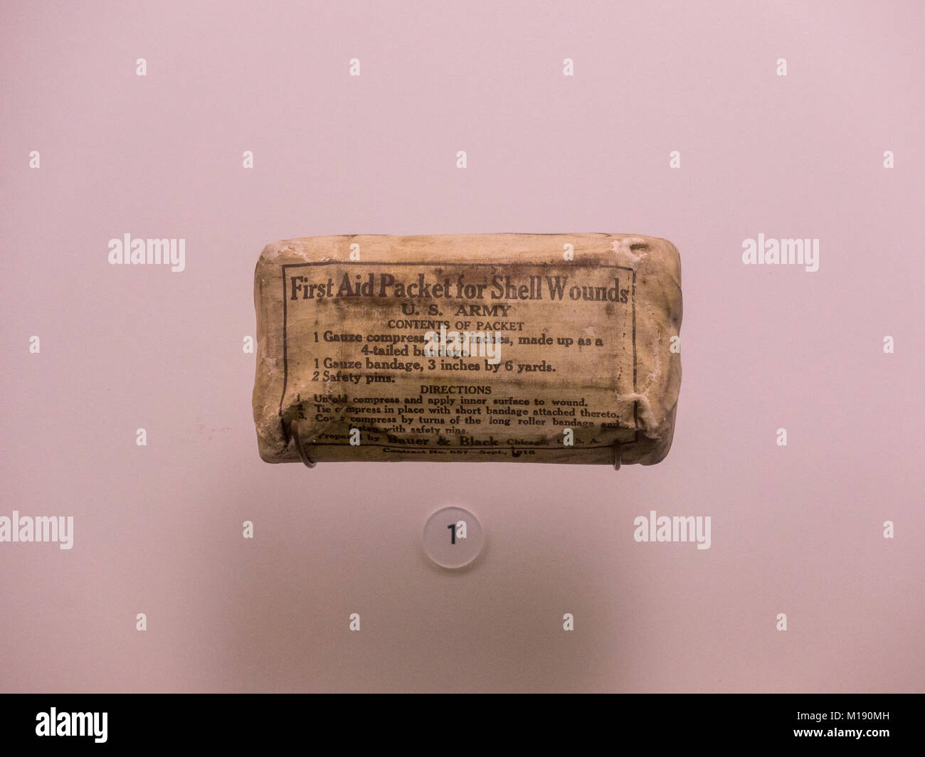 A US Army first aid packet for shell wounds on display in the National ...
