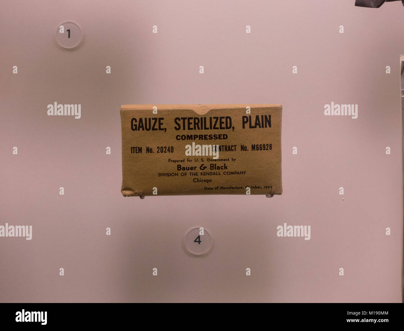 A US Army sterilized plain compressed gauze (c. 1942) on display in the ...