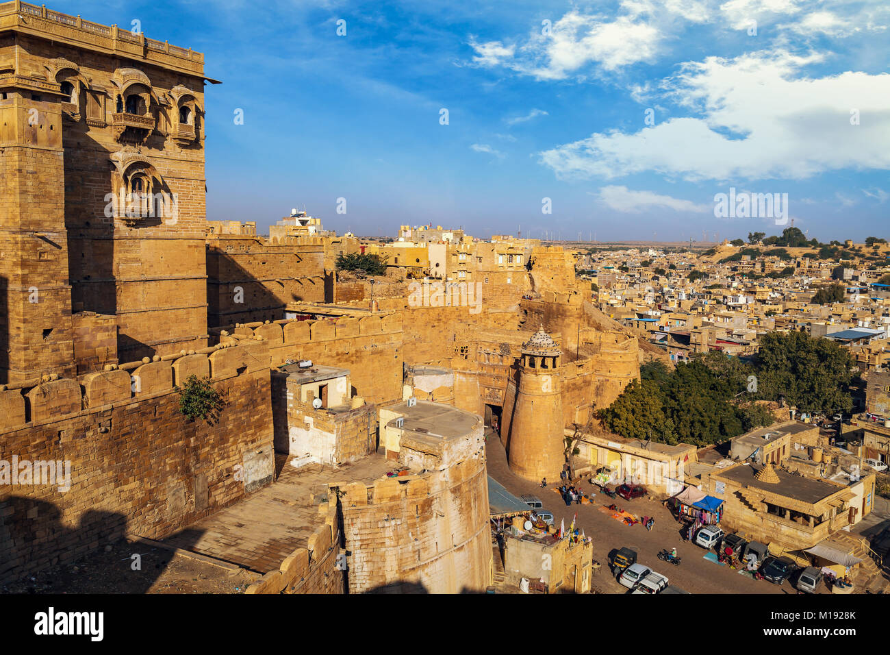 Jaisalmer Fort also known as the Golden Fort made of yellow limestone with view of cityscape ...