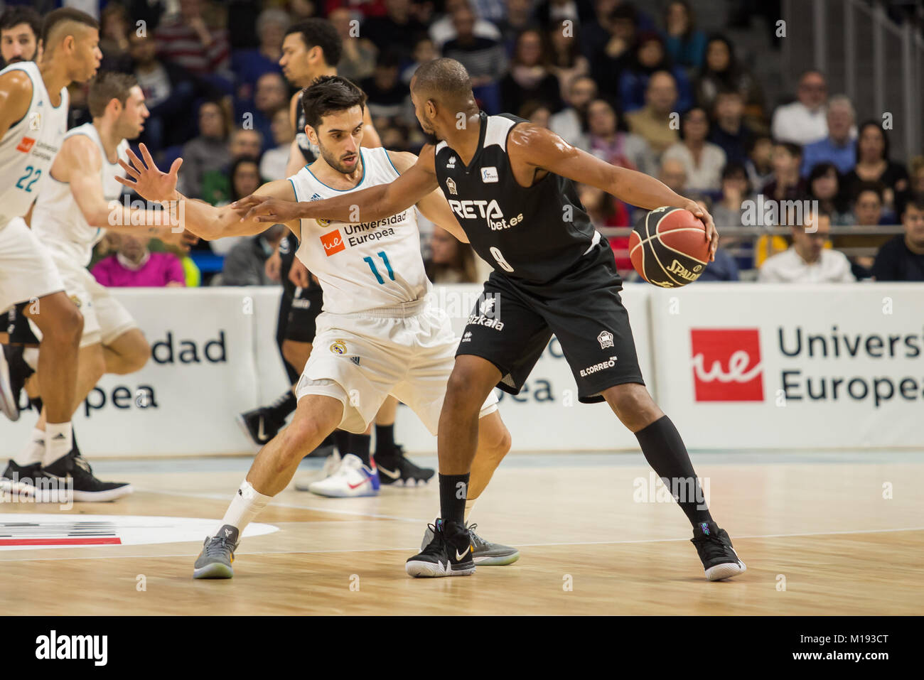 Facundo Campazzo (L) and Jonathan Tabu (R) during Real Madrid victory ...