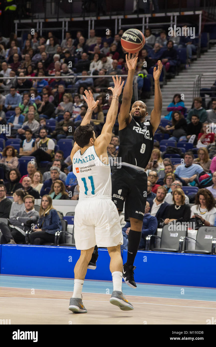 Facundo Campazzo (L) and Jonathan Tabu (R) during Real Madrid victory ...