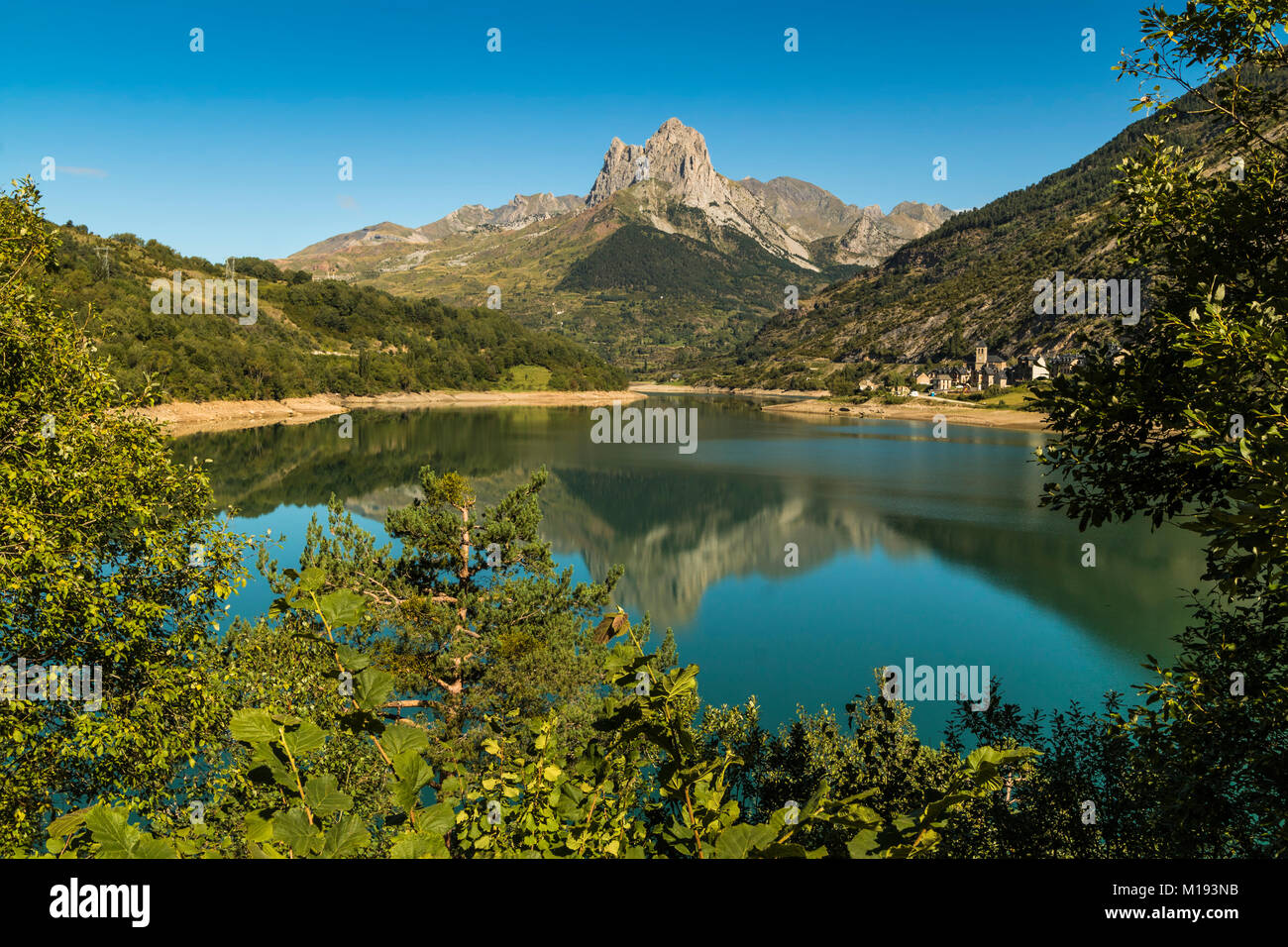Lanuza lake & village & 2341m Pena Foratata peak in the scenic upper ...